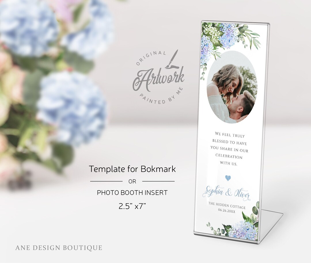Dusty Blue Hydrangea Wedding Bookmark Favor Template Printable ...