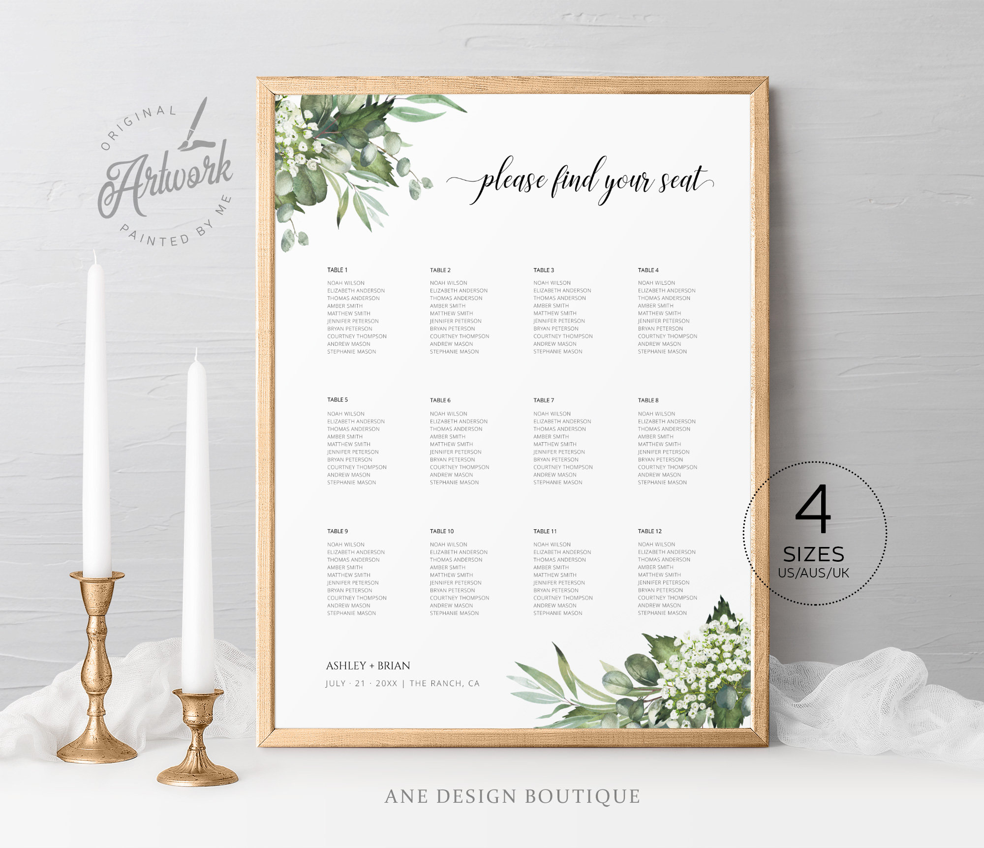 Rustic Greenery Seating Chart Template Unique Elegant | Etsy