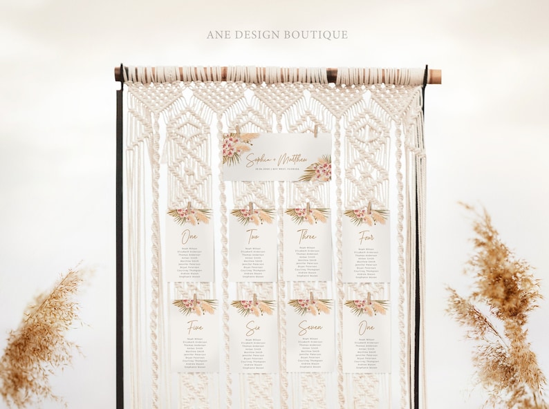 Boho Pampas Grass Seating Chart Template, Guest Names Table Cards ...