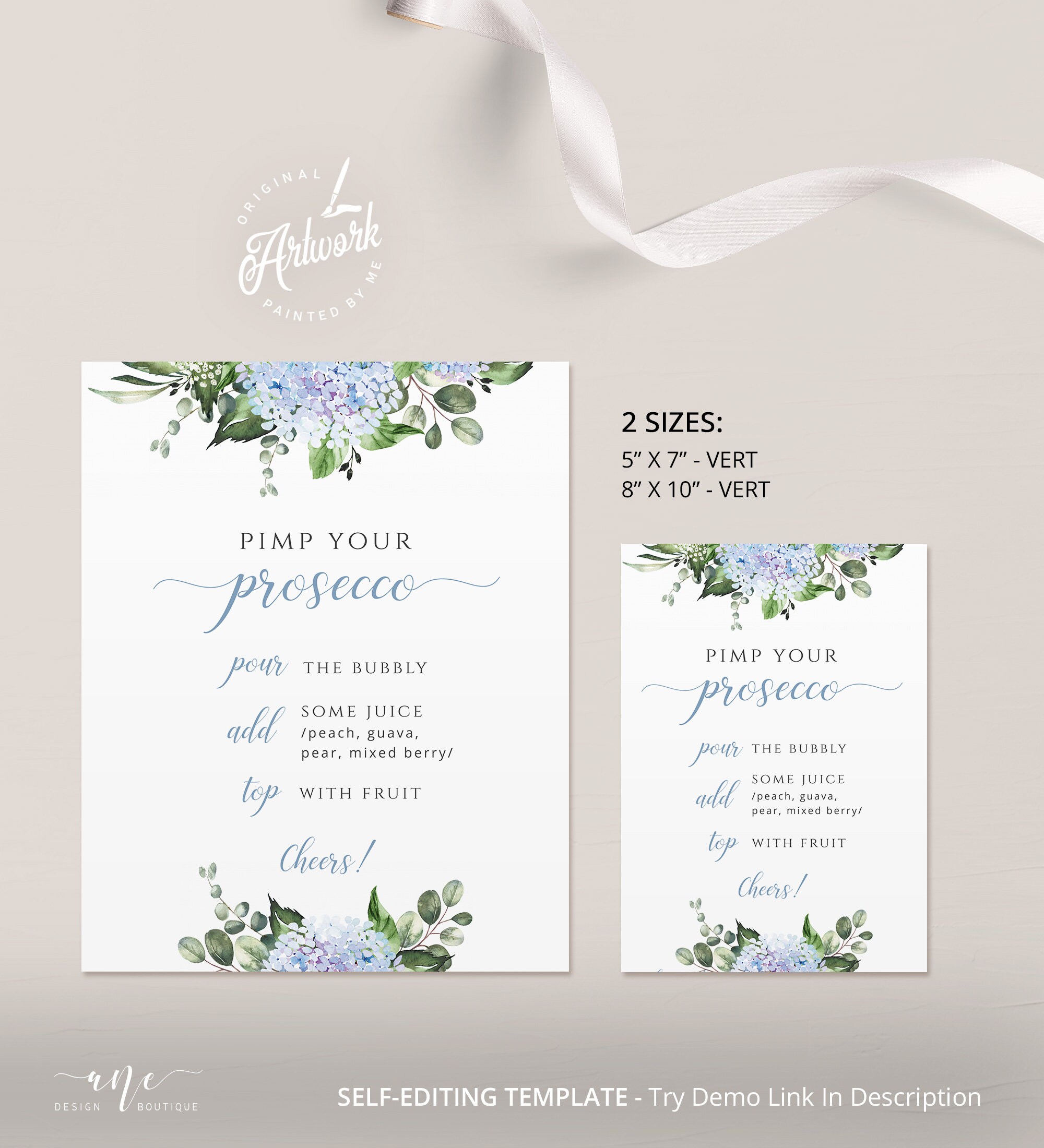 Blue Hydrangea Pimp Your Prosecco Sign Editable Template, Mimosa Bar ...