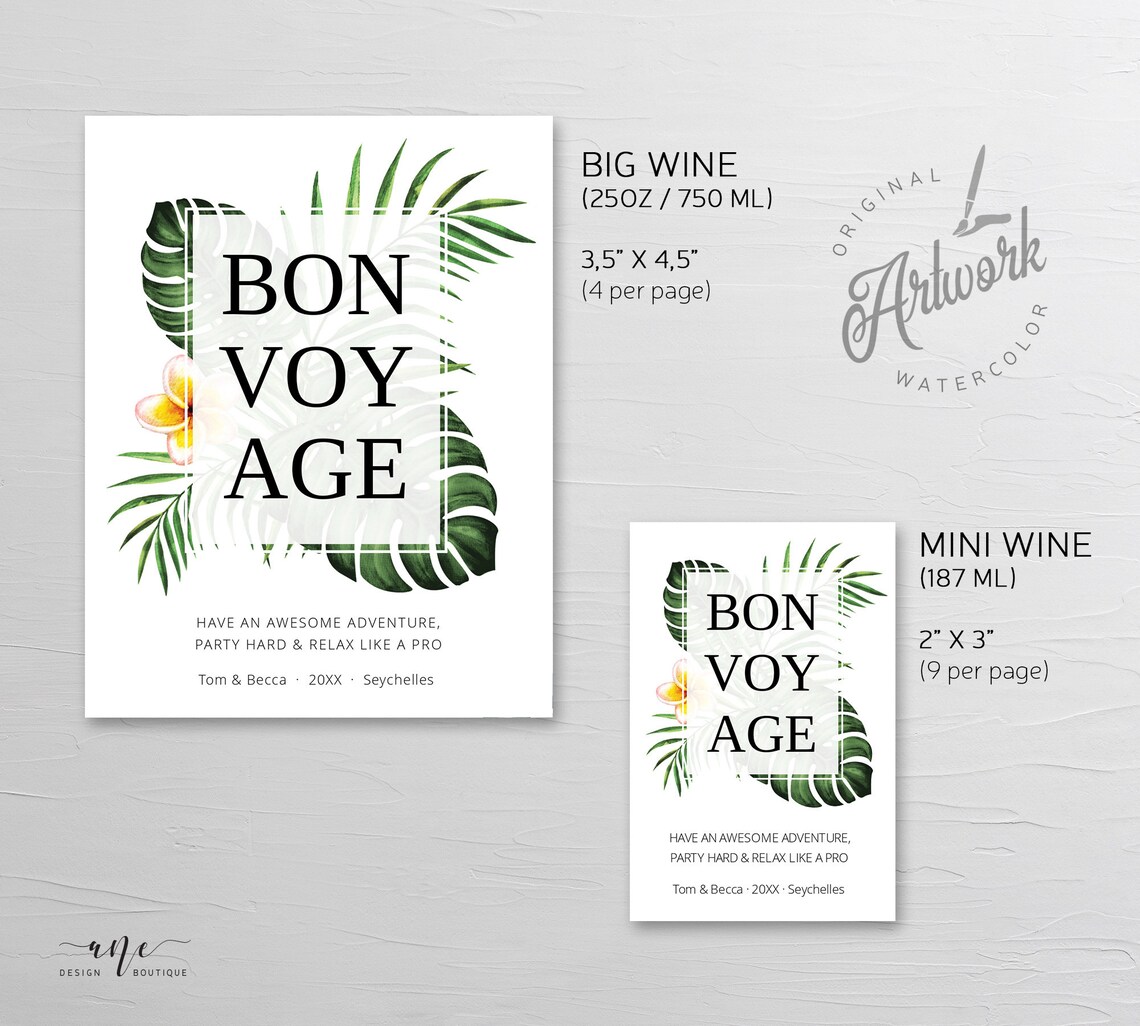 Tropical Bon Voyage Wine Label Template, Custom Bottle Label, Shower ...