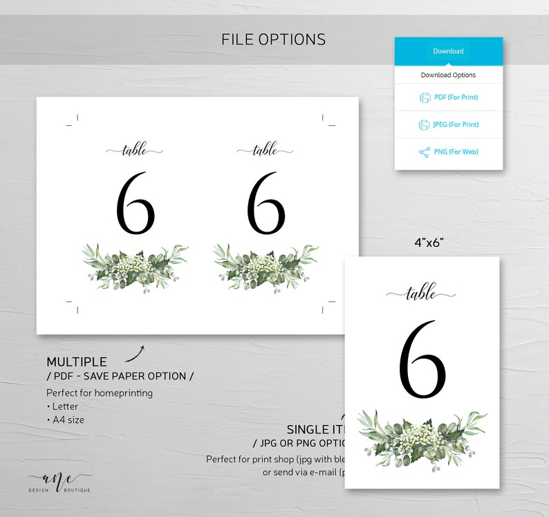Rustic Greenery Table Numbers Template, Printable Wedding Table Seating ...