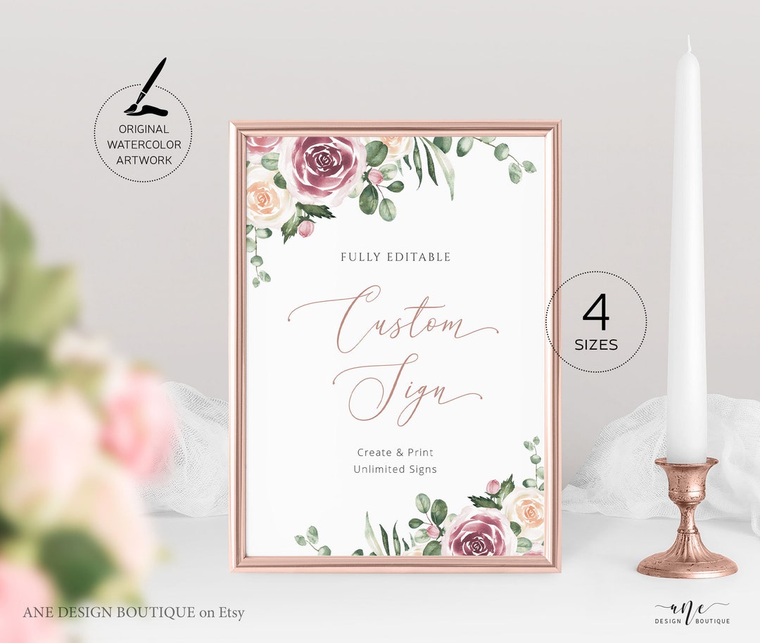 Boho Floral Wedding Sign Template, Eucalyptus Mauve Roses Watercolor ...
