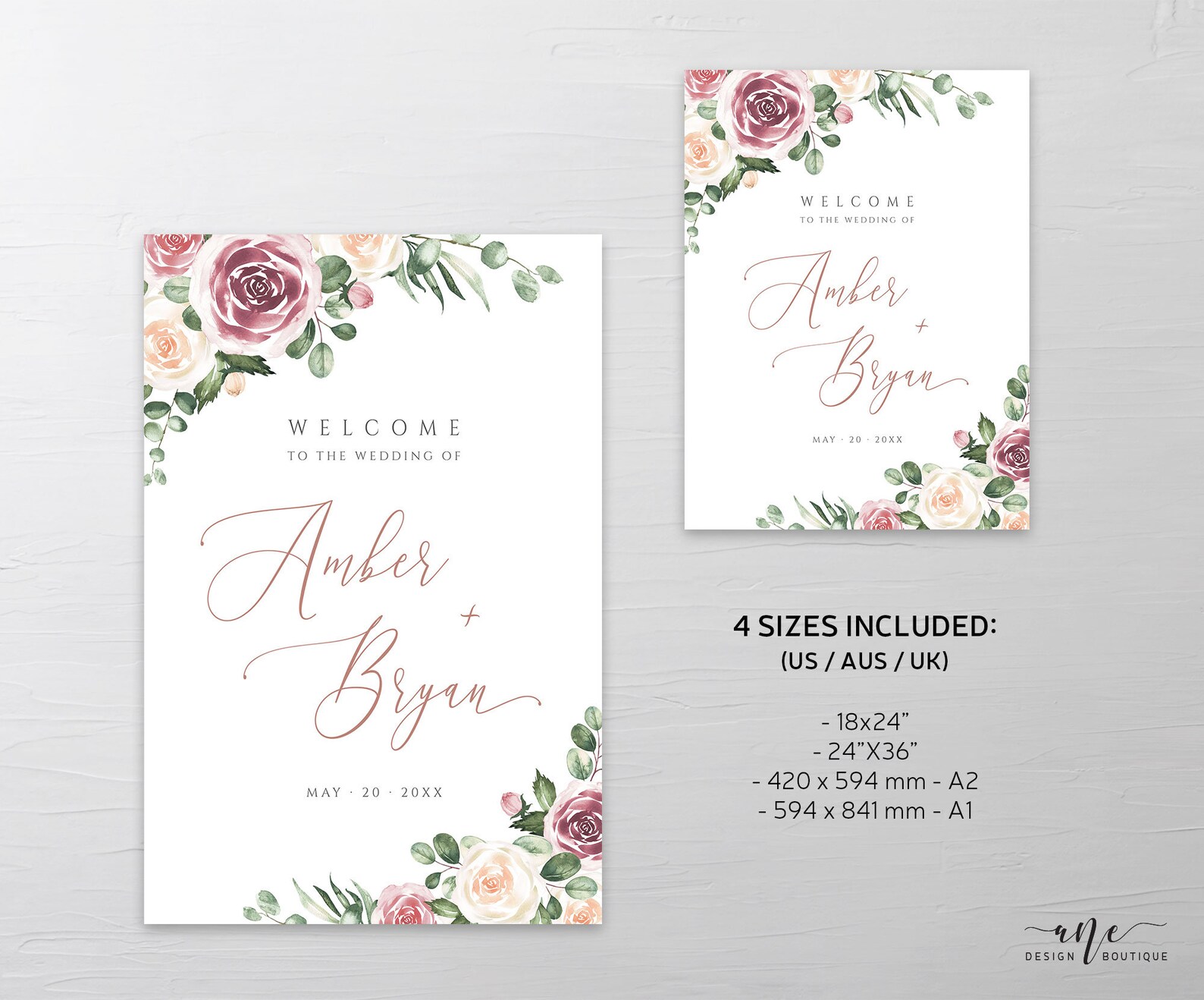 Mauve Floral Wedding Welcome Sign Template, Dusty Roses & Eucalyptus ...