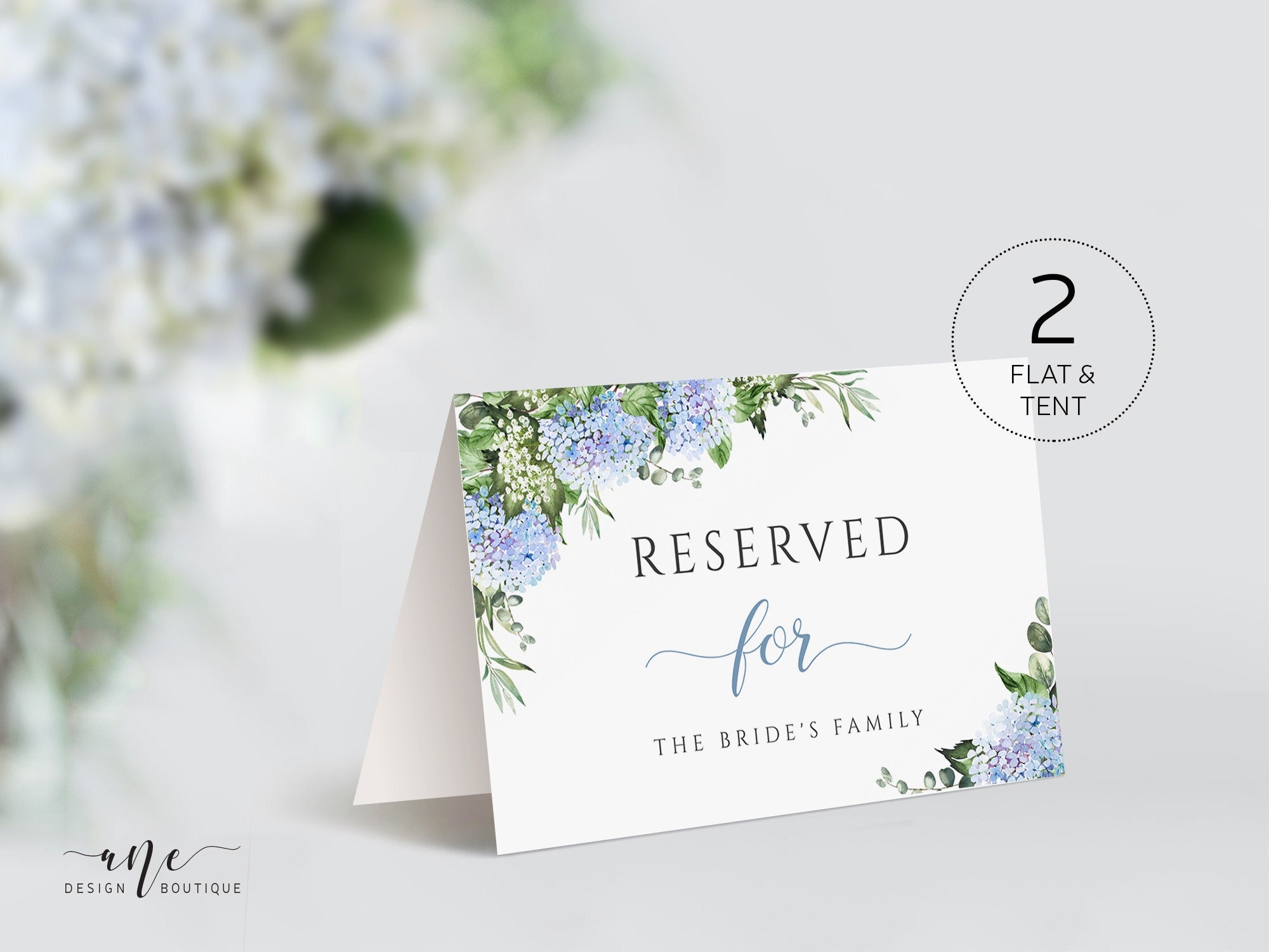 Blue Hydrangea Reserved Seat Card Editable Template, Modern Wedding ...