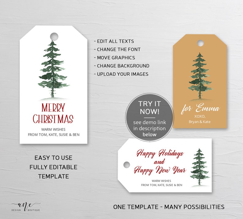 Pine Tree Christmas Gift Tag Template Holiday Printable Favor | Etsy