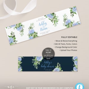 Dusty Blue Hydrangea Wedding Water Label Template, Editable Floral ...