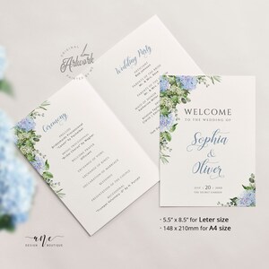 Dusty Blue Hydrangea Wedding Program + Timeline Booklet Printable Template, Ceremony Bi-fold ...