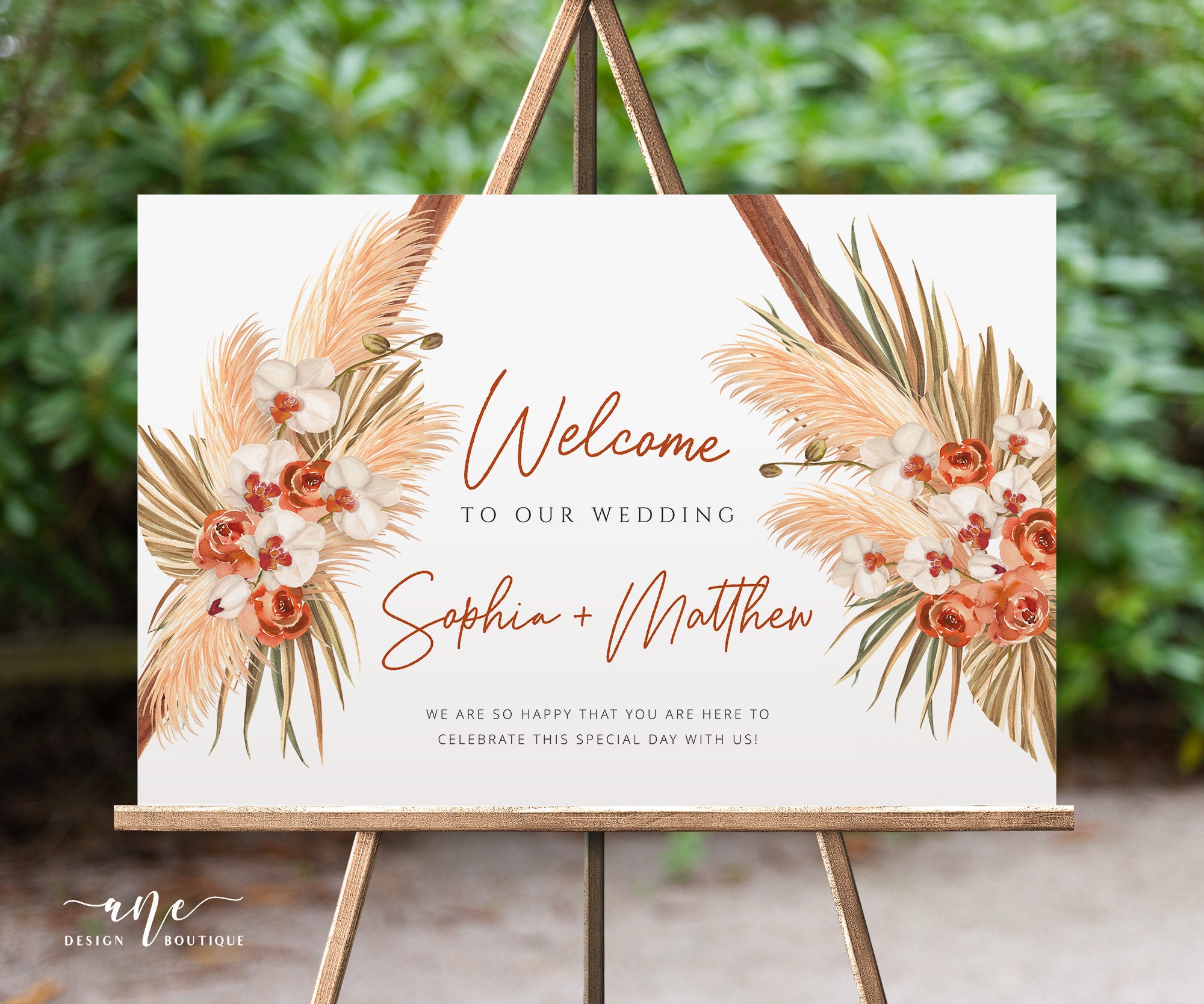 Boho Pampas Grass Wedding Welcome Sign Template, Burnt Orange Desert ...