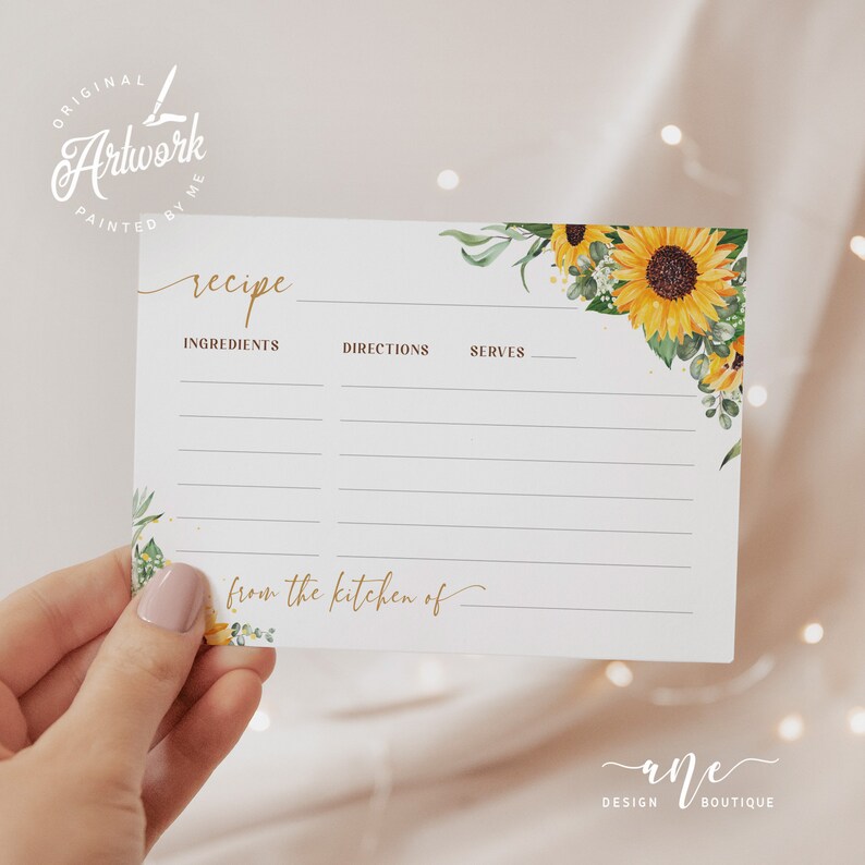 Editable Sunflower Recipe Card Printable Template, DIY Bridal Shower ...