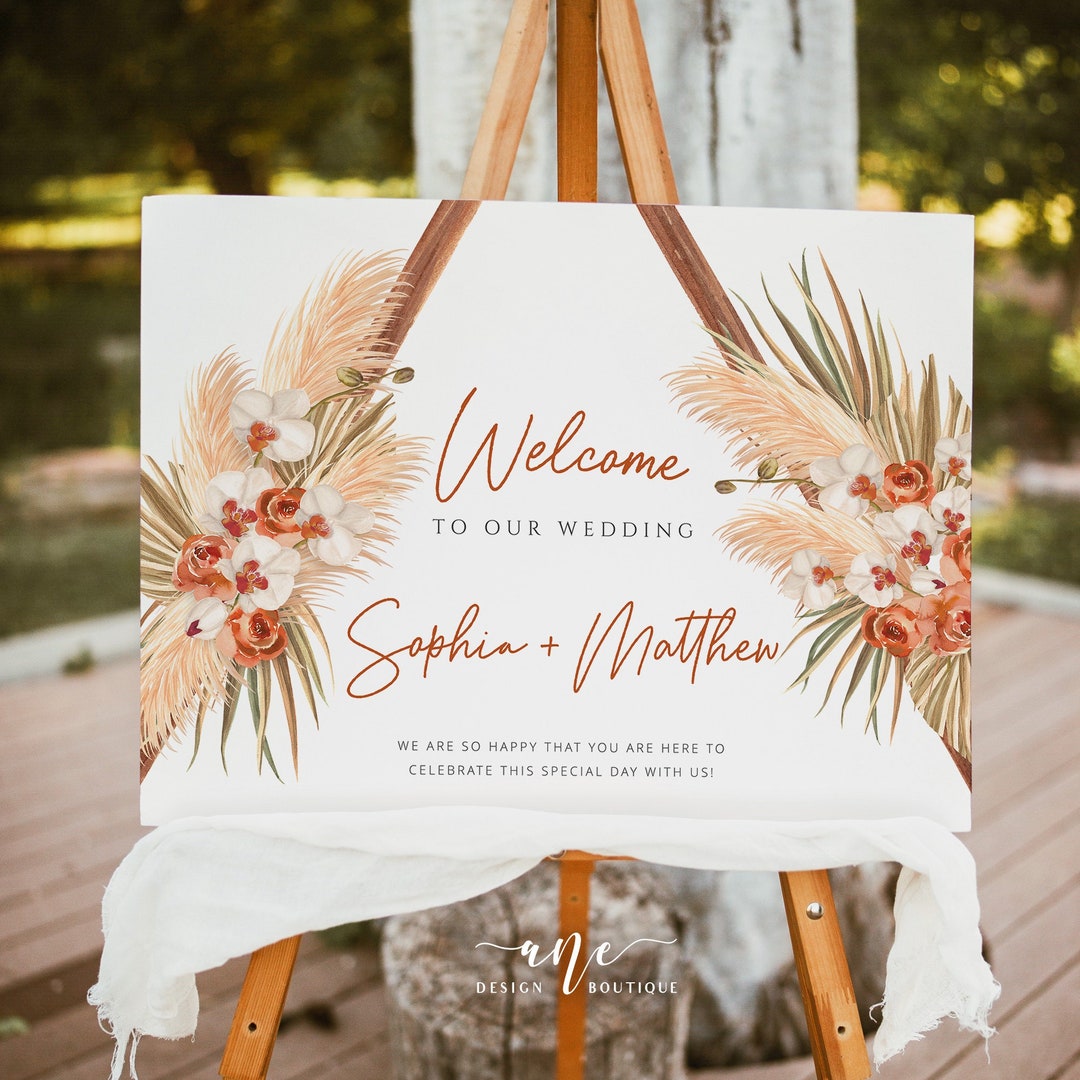 Boho Pampas Grass Wedding Welcome Sign Template, Burnt Orange Desert ...