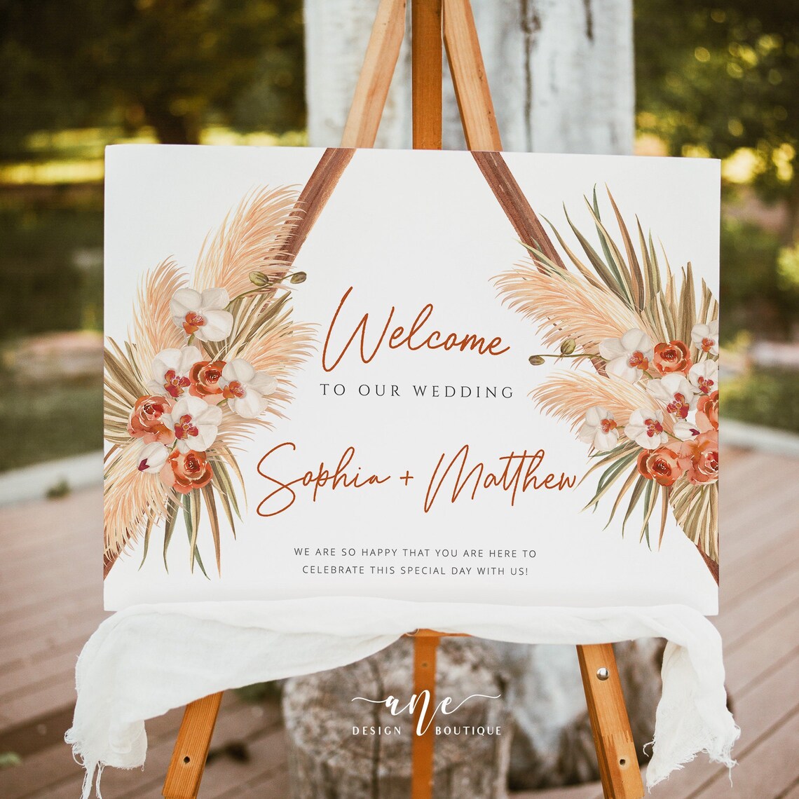 Boho Pampas Grass Wedding Welcome Sign Template, Burnt Orange Desert ...