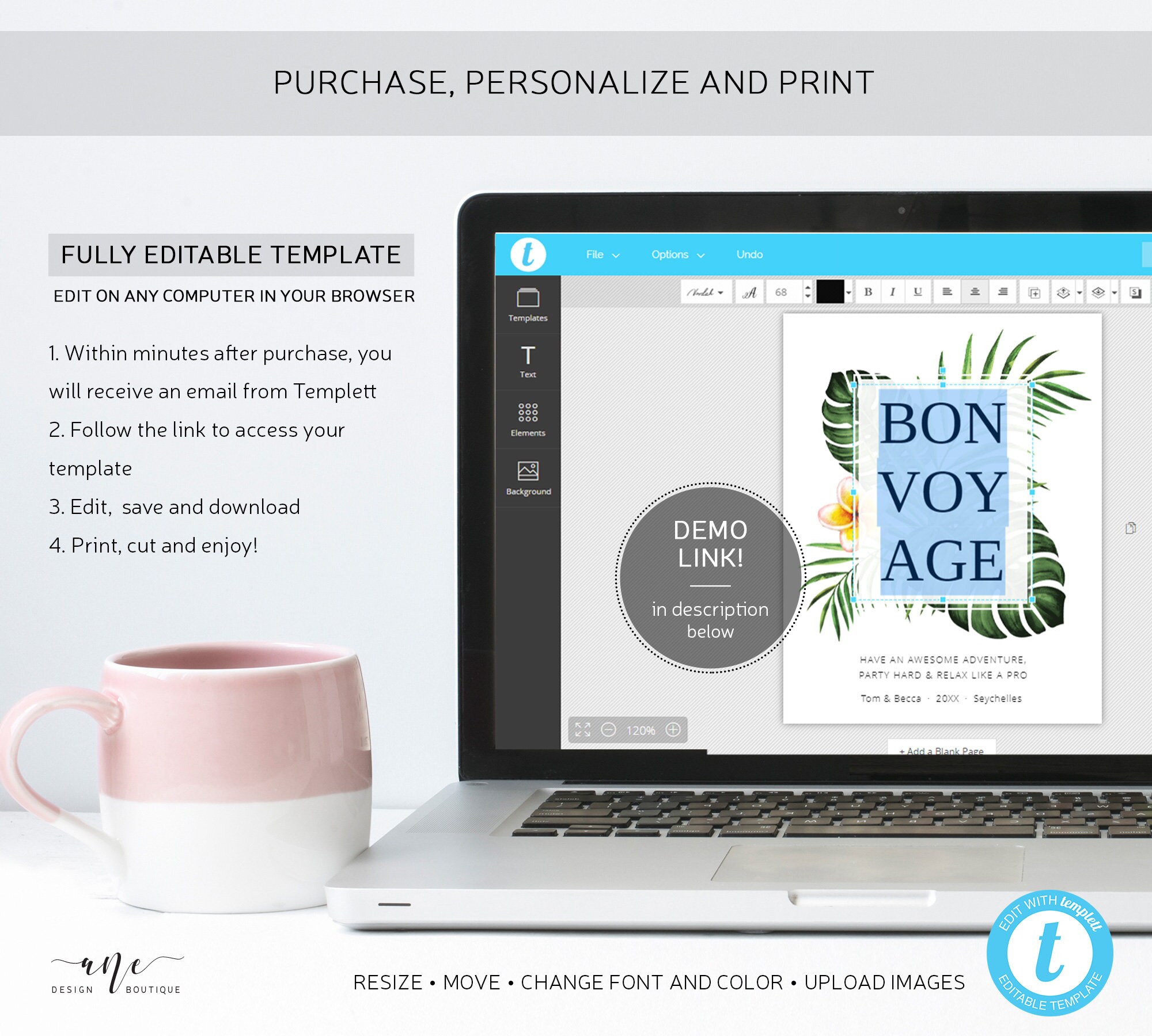 Tropical Bon Voyage Wine Label Template, Custom Bottle Label, Shower ...