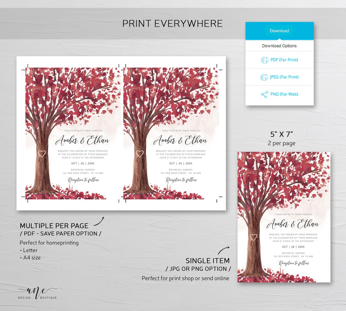 Burgundy Fall Tree Wedding Invitation Set Printable Template - Etsy