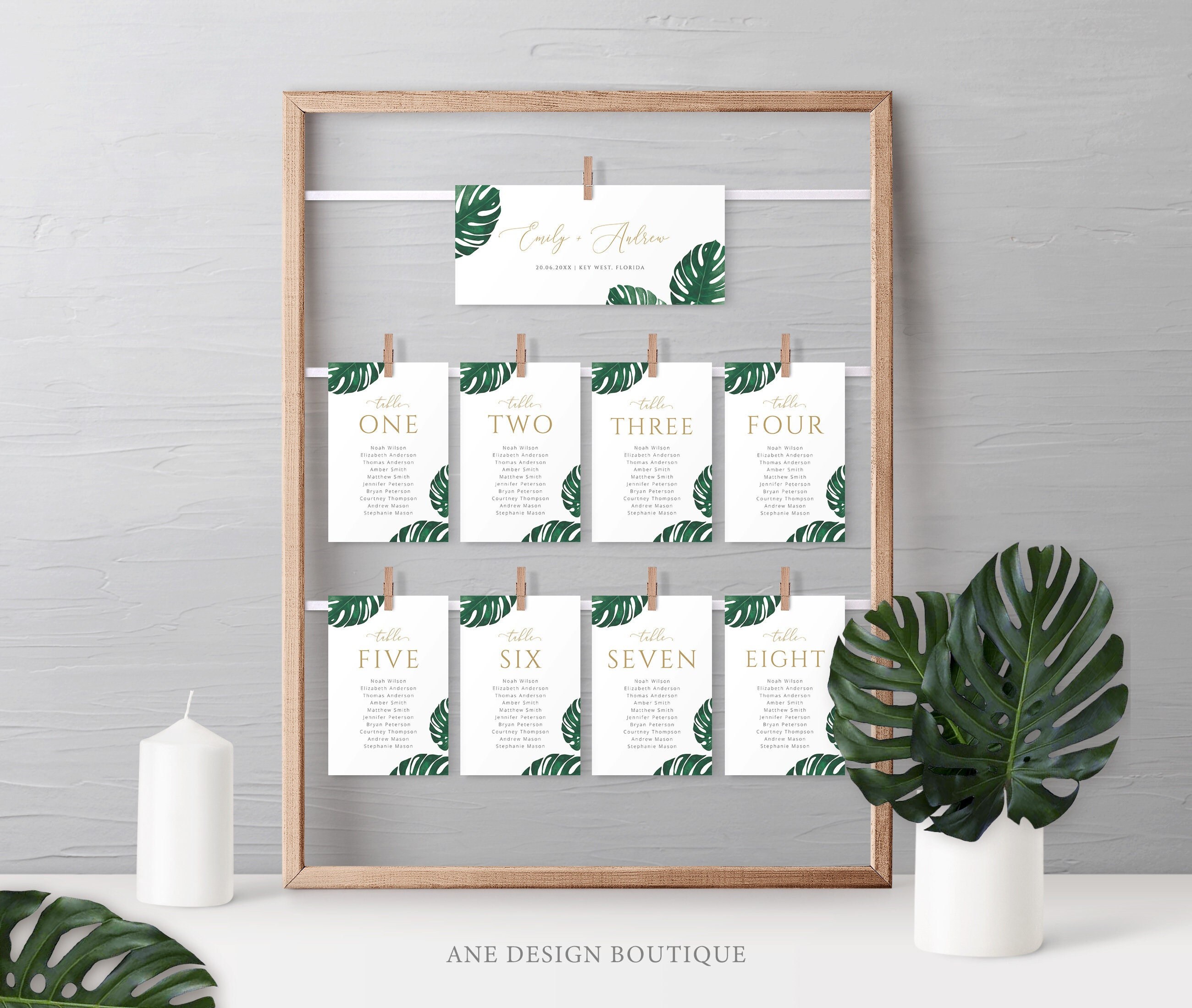 Monstera Seating Chart Template, Table Number Cards, Beach Palm Leaves ...