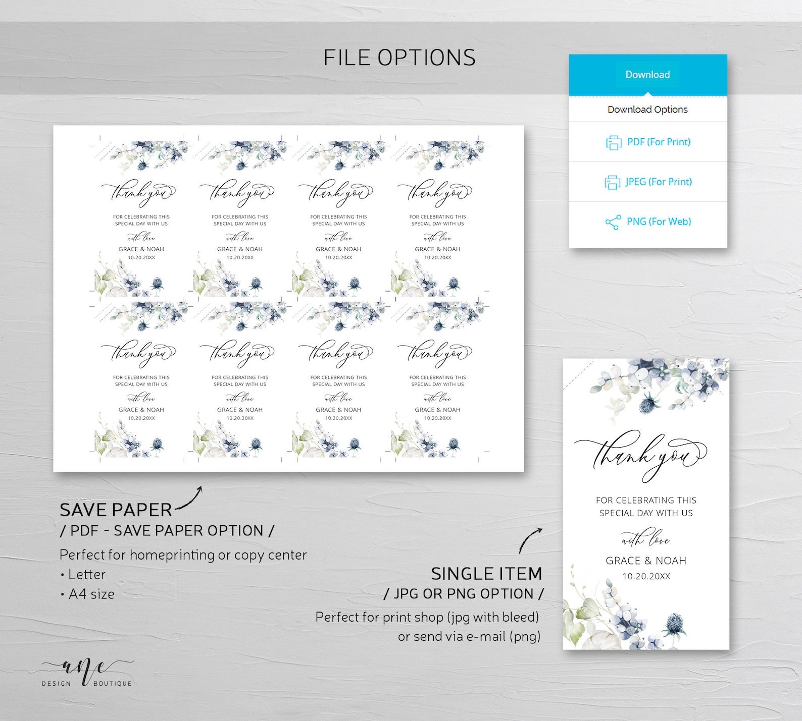 Dusty Blue Wedding Favor Tag Template, Winter Rustic Wildflowers Thank ...