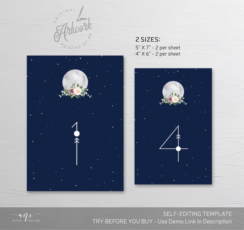 Celestial Moon Wedding Table Numbers Template, Starry Night Sky Bridal ...