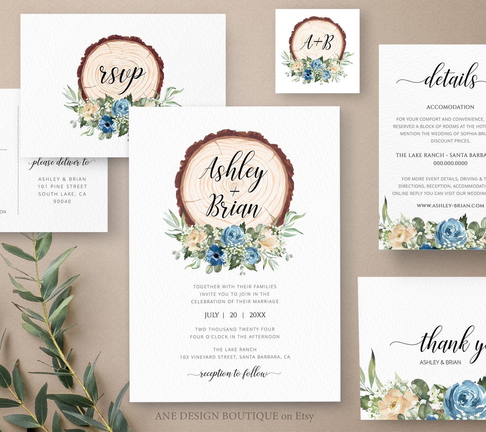 Dusty Blue Rustic Wedding Invitation Set Printable Template - Etsy