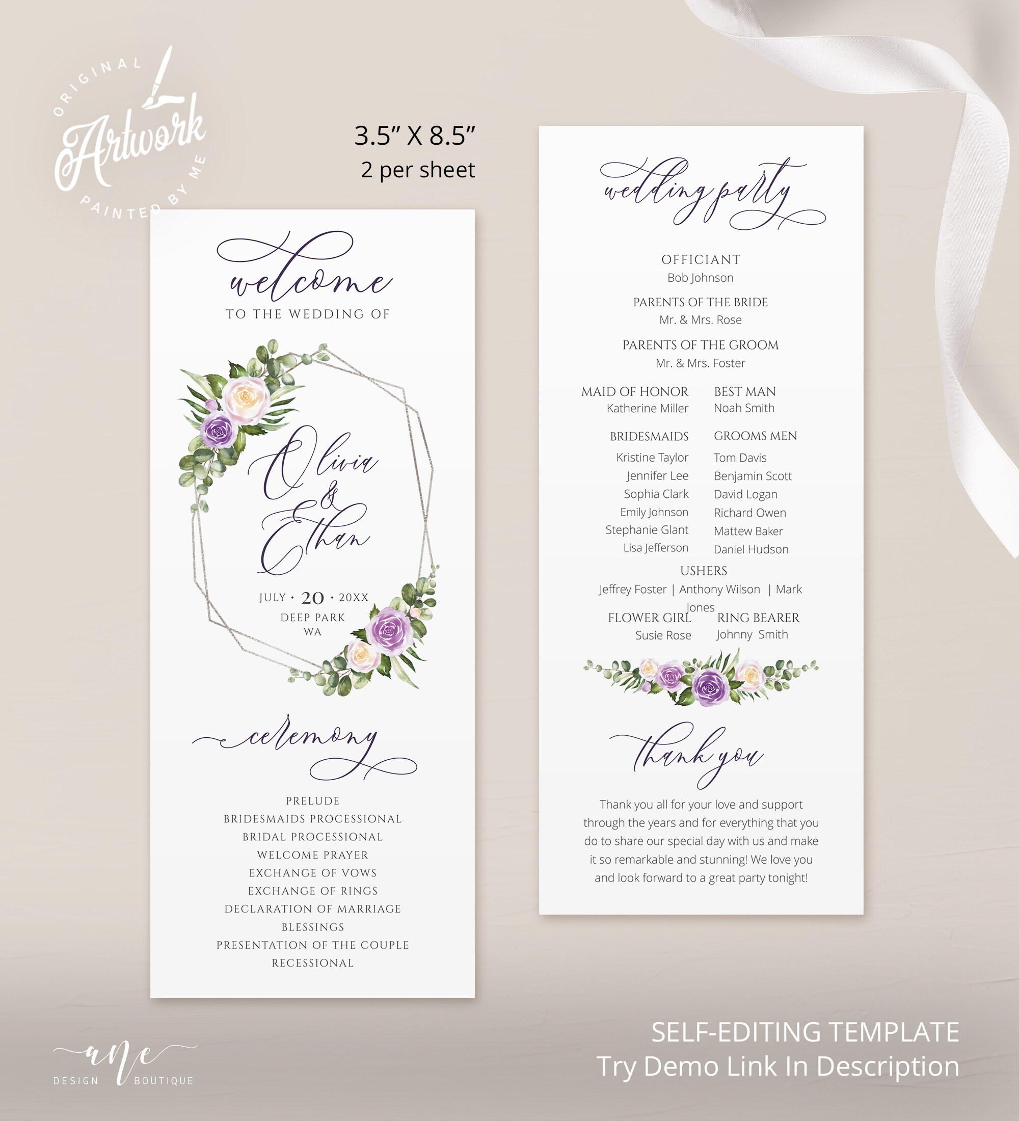 Purple Very Peri Floral Wedding Program Template, Country Rustic ...