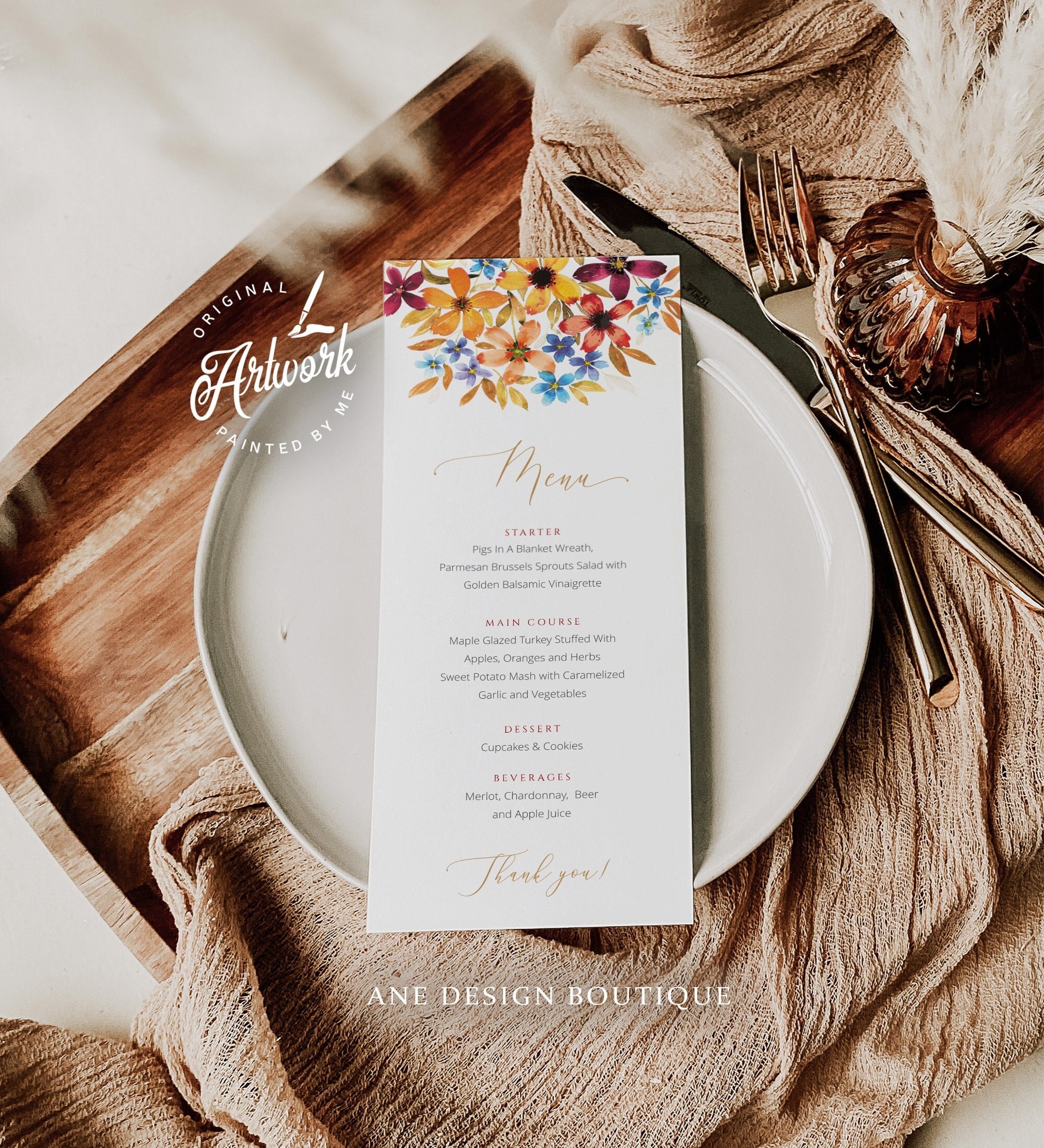 Fall Floral Thanksgiving Dinner Menu Printable Template - Etsy