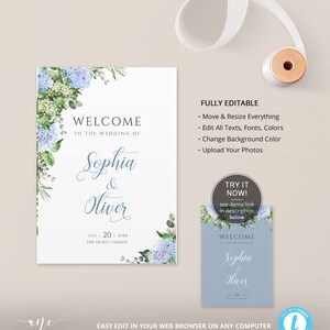 Dusty Blue Hydrangea Wedding Program + Timeline Booklet Printable Template, Ceremony Bi-fold ...
