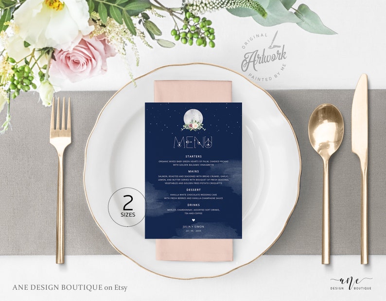 Celestial Moon Wedding Menu Template, Starry Night Sky Dinner Menu Card ...