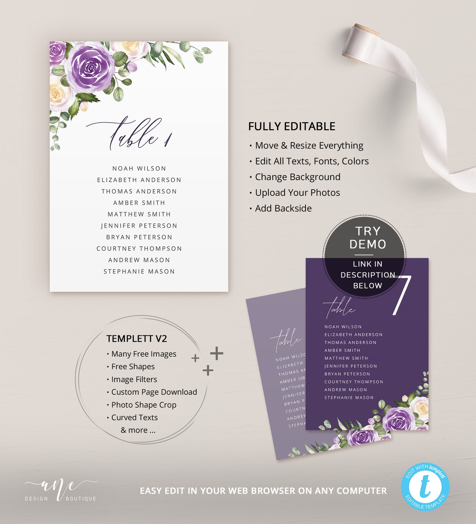 Modern Purple Seating Chart Template, Table Number Cards, Lavender ...
