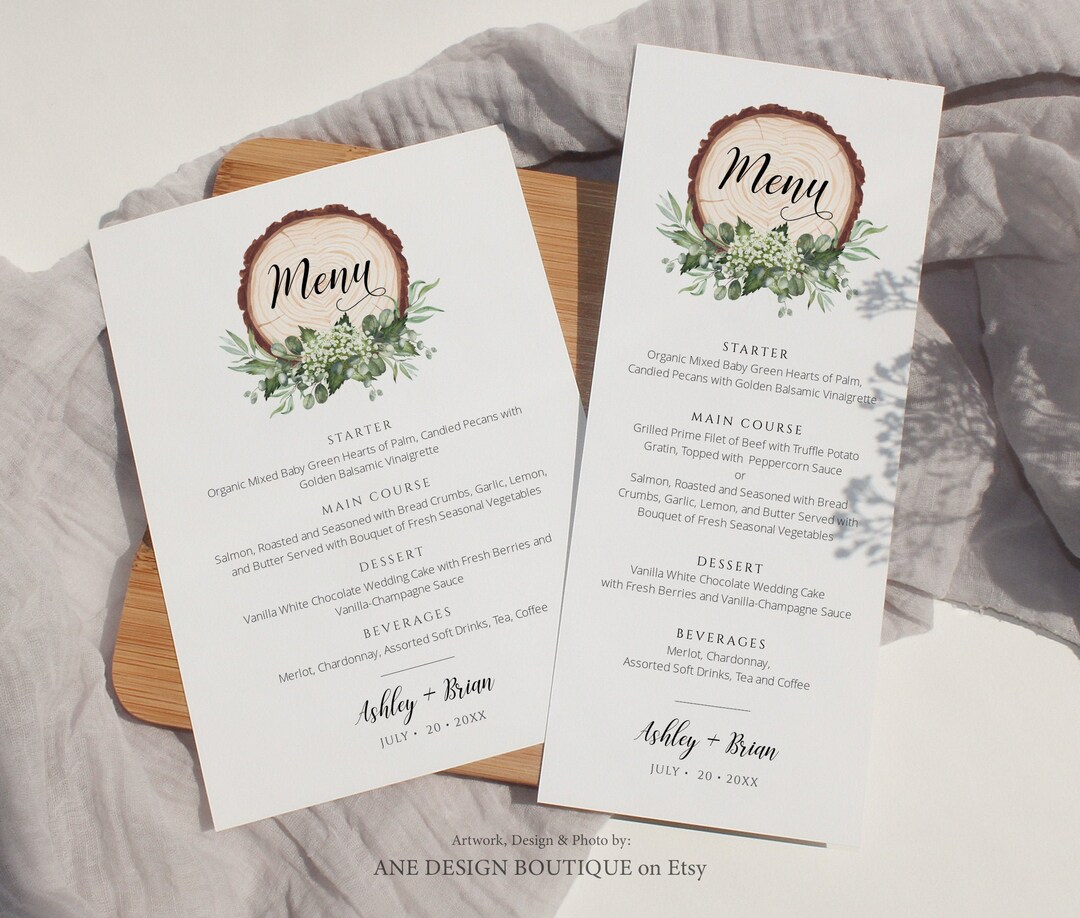 Rustic Greenery Wedding Menu Template, Eucalyptus Wood Slice Printable ...