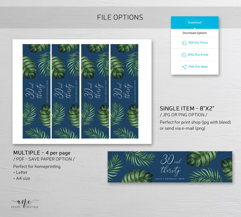 Tropical Beach Water Label Template, Palm Leaf Monstera, Thirty and ...