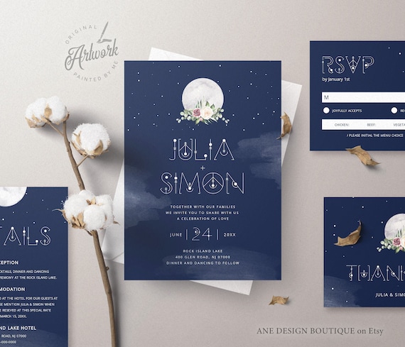 Celestial Moon Wedding Invitation Set Template Starry Night | Etsy