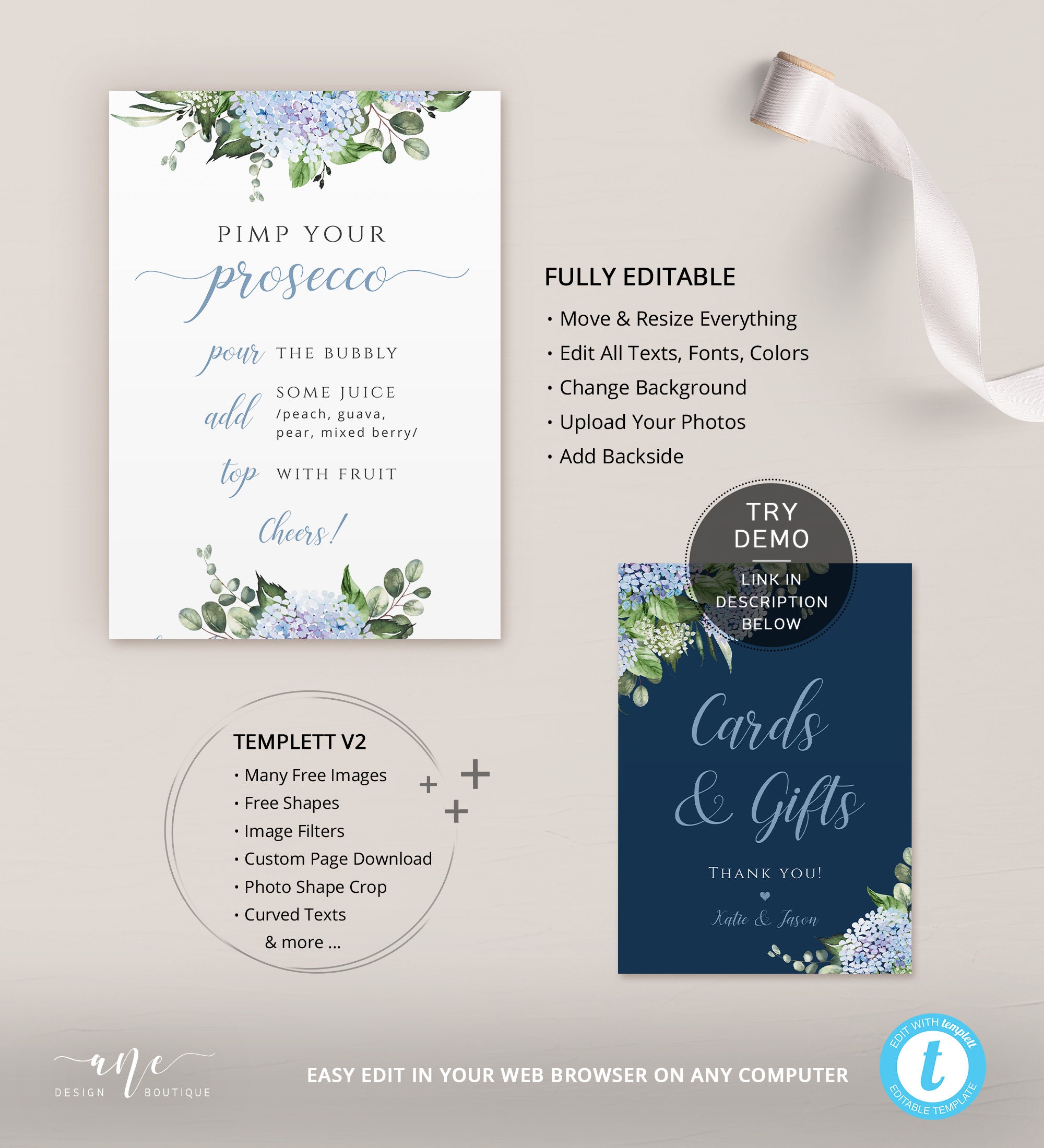 Blue Hydrangea Pimp Your Prosecco Sign Editable Template, Mimosa Bar ...