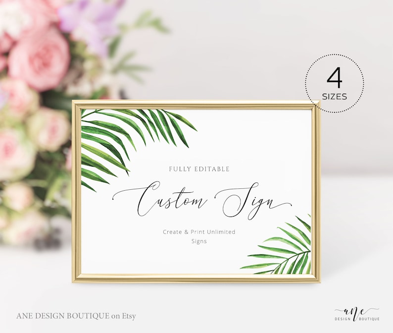 Tropical Destination Wedding Sign Template, Editable Beach Palm Leaf ...