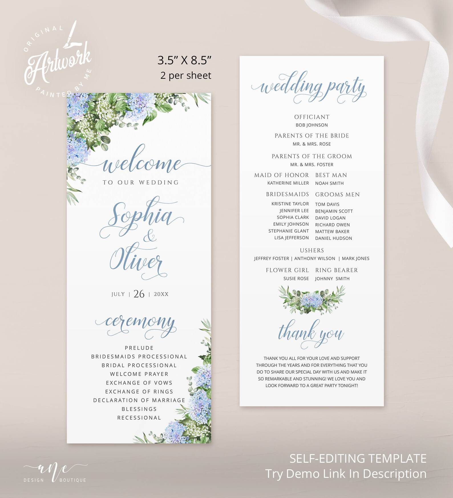 Blue Hydrangea Wedding Program Printable Template Rustic - Etsy
