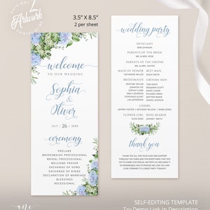 Blue Hydrangea Wedding Program Printable Template, Rustic Ceremony ...