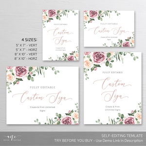 Boho Floral Wedding Sign Template, Eucalyptus Mauve Roses Watercolor ...