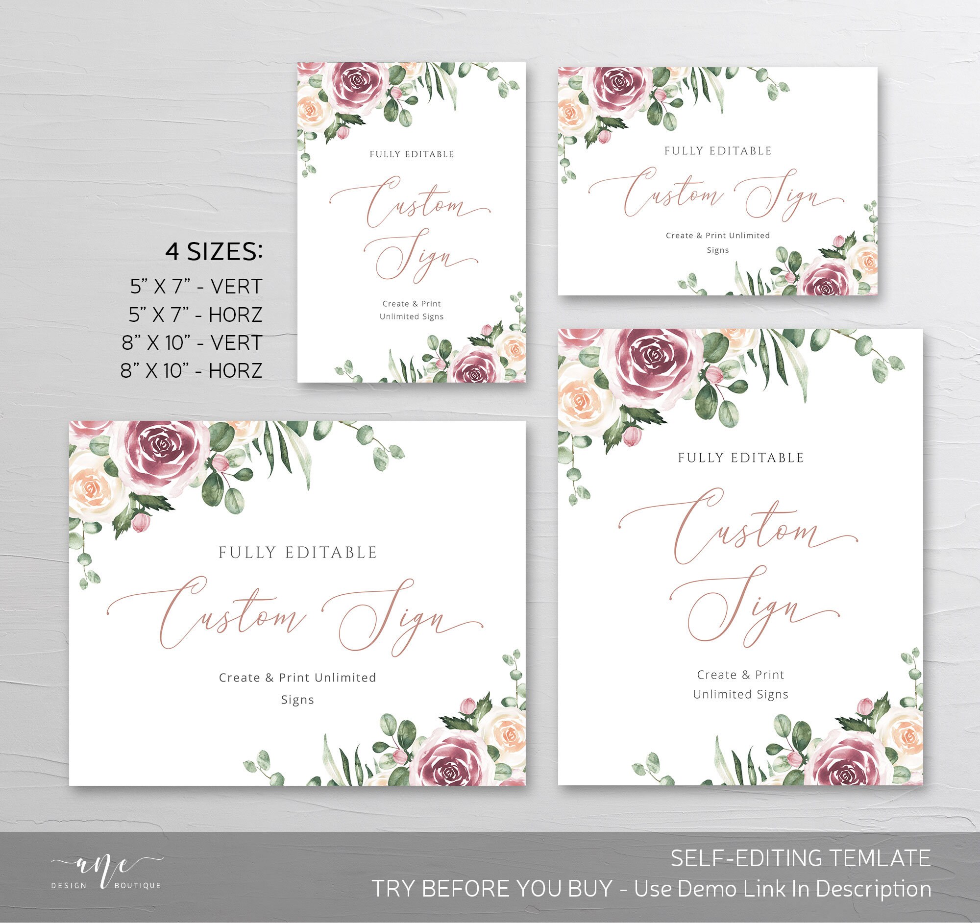 Boho Floral Wedding Sign Template, Eucalyptus Mauve Roses Watercolor ...