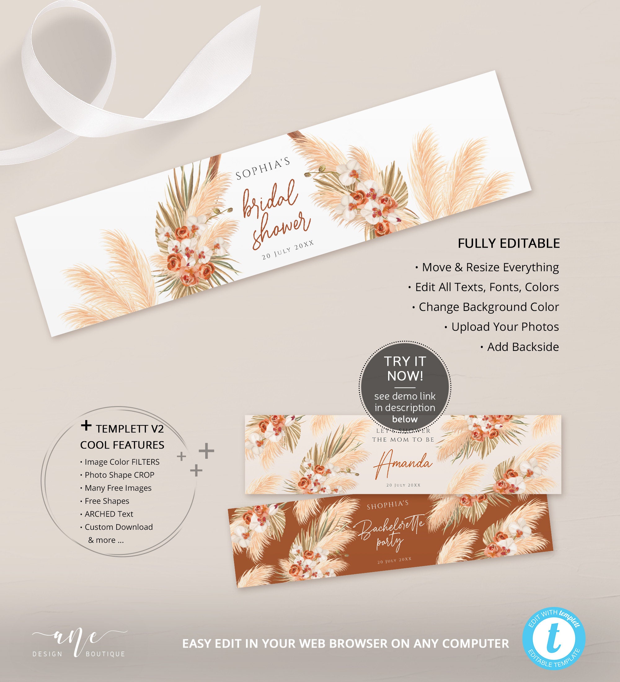 Boho Water Bottle Label Editable Template Terracotta Pampas | Etsy