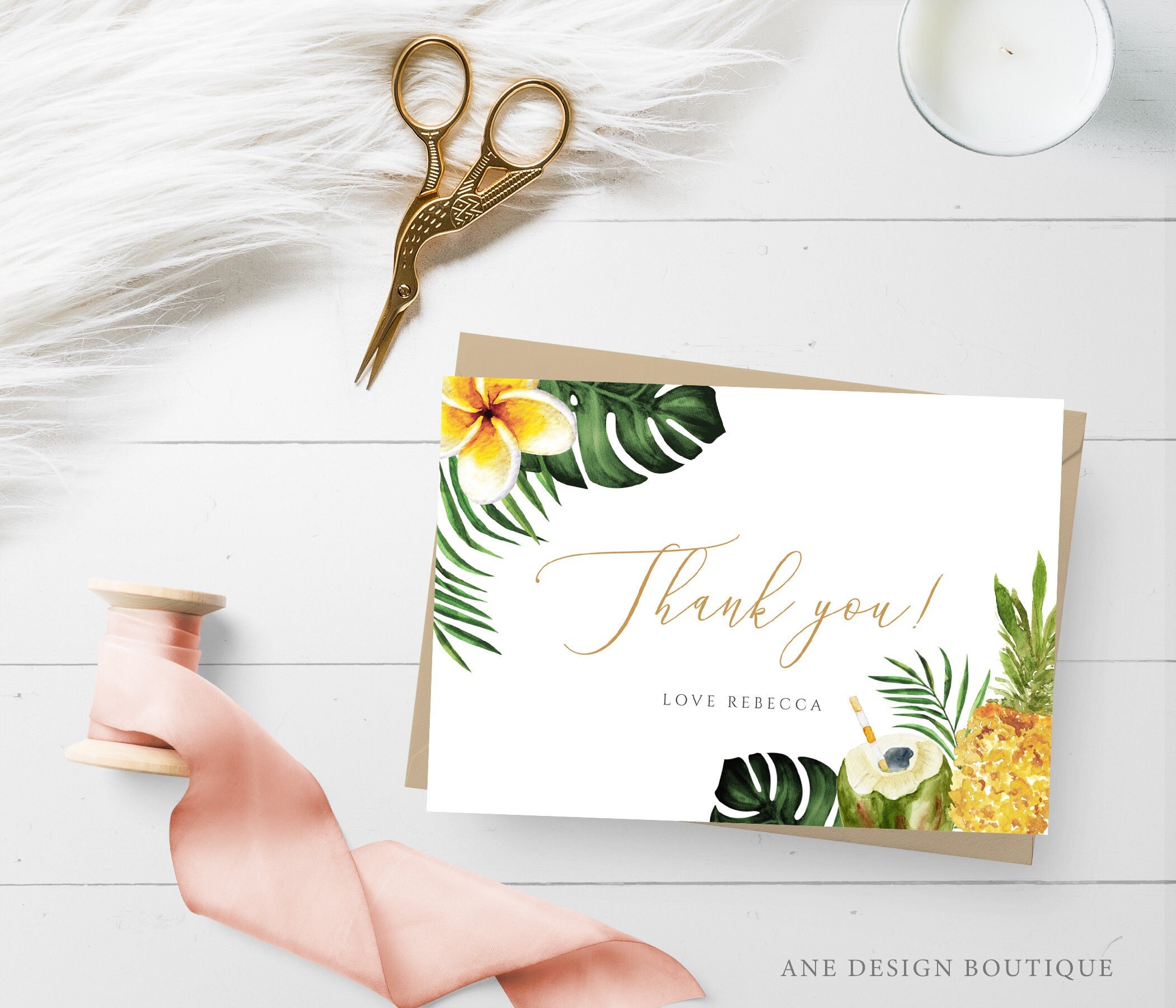 Tropical Thank You Card Template Editable Flat & Folded Note - Etsy