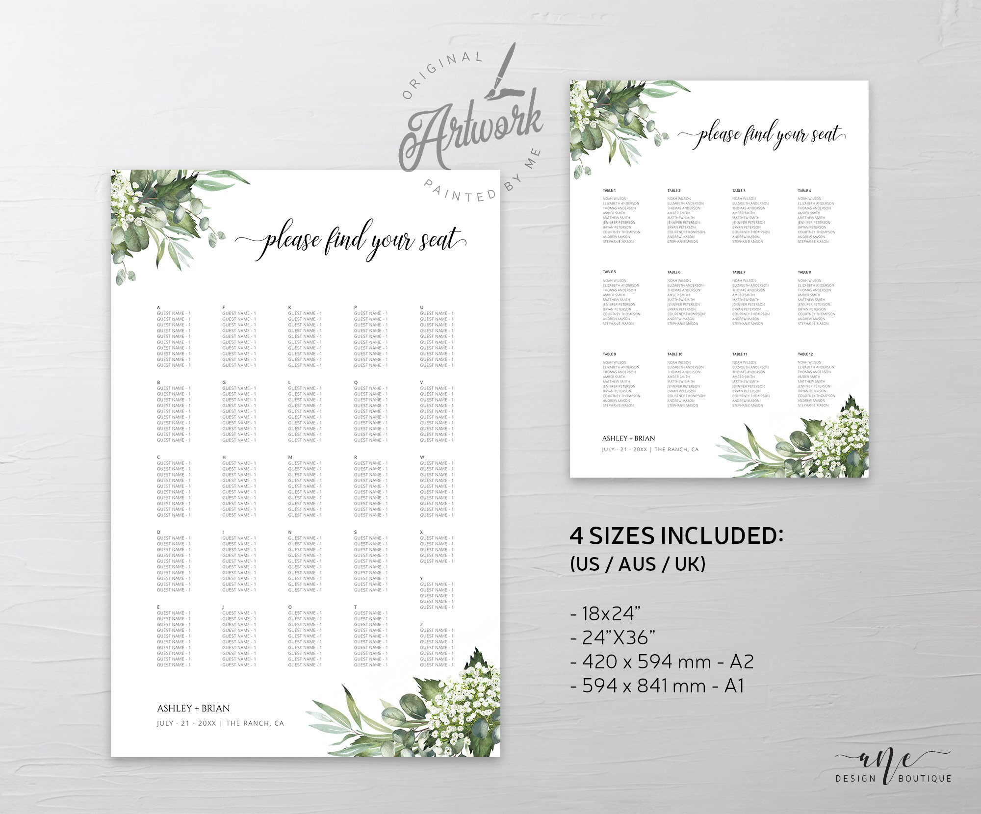 Rustic Greenery Seating Chart Template Unique Elegant | Etsy