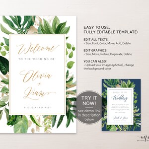 Tropical Wedding Welcome Sign Template, Palm Leaf Greenery Beach ...