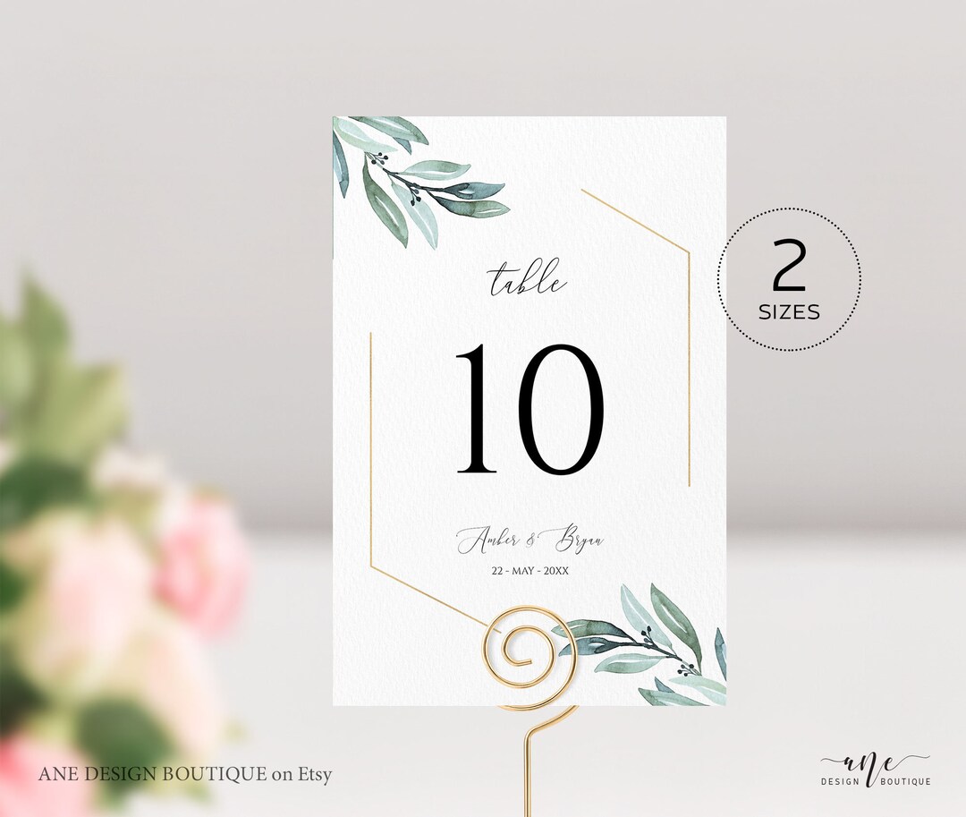 Gold Geometric Table Number Card Template, Eucalyptus Greenery Wedding ...