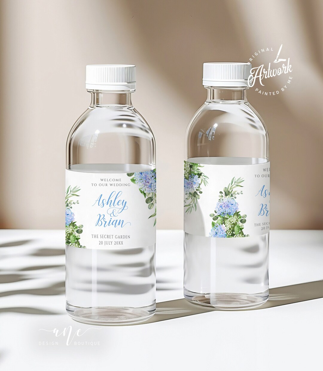 Dusty Blue Hydrangea Wedding Water Label Template, Editable Floral ...