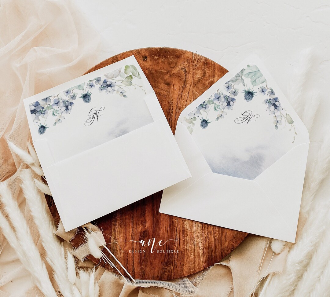 Dusty Blue Wedding Envelope Liner Template, Pastel Boho Wildflowers ...