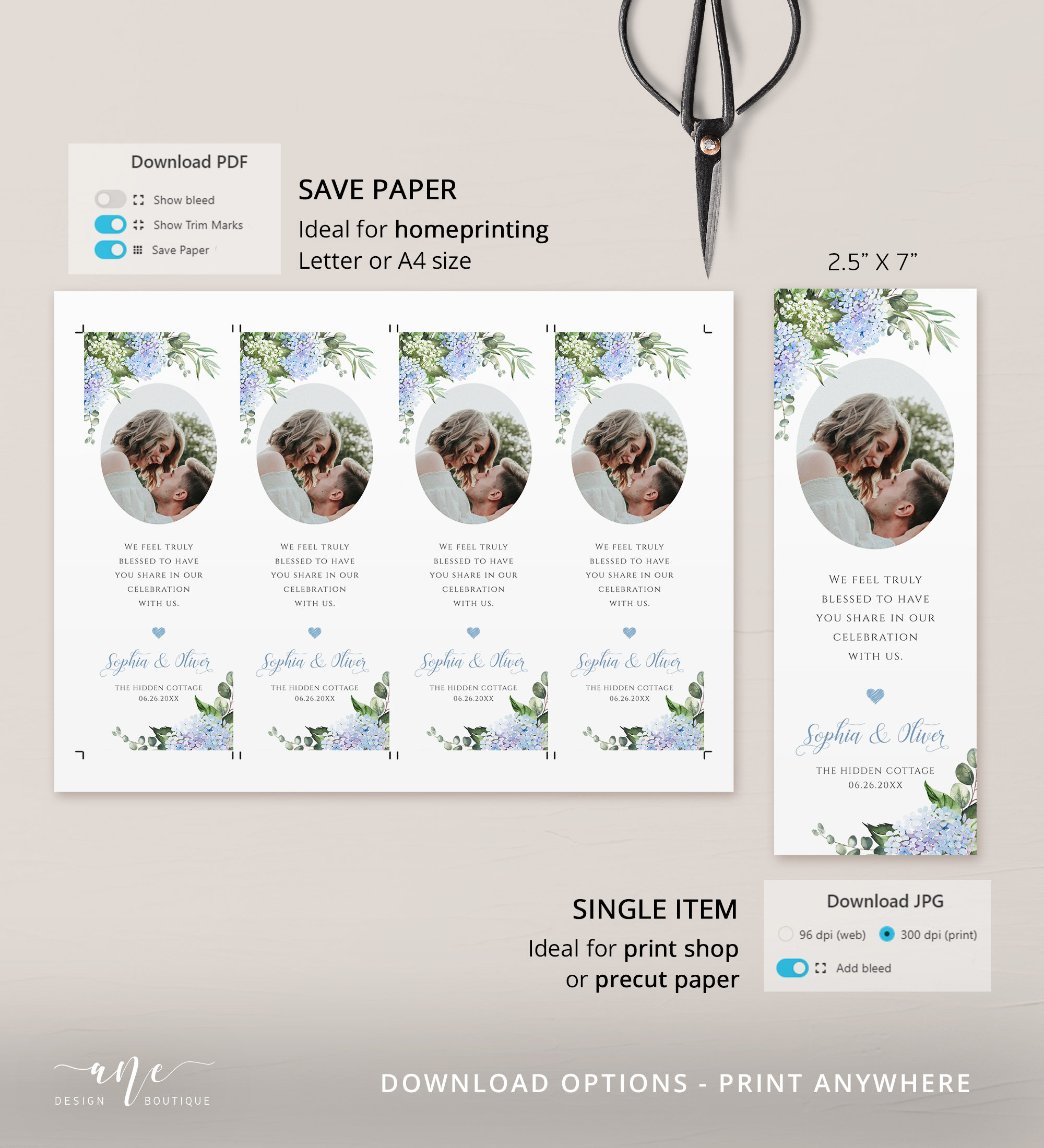 Dusty Blue Hydrangea Wedding Bookmark Favor Template Printable ...