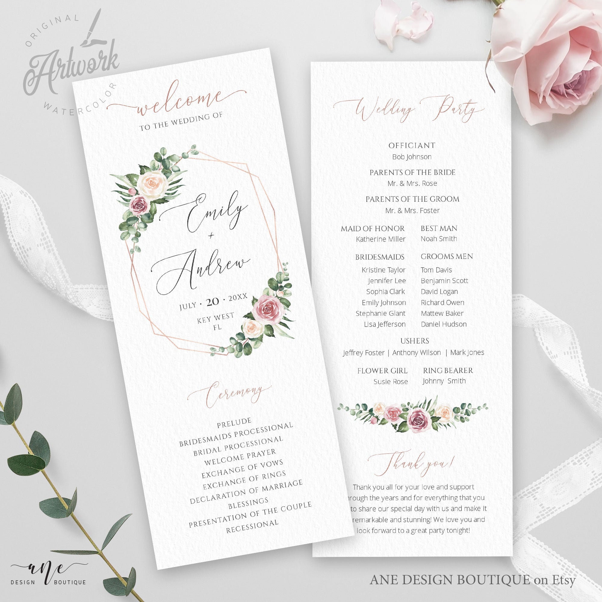 Geometric Floral Printable Wedding Program Template Editable | Etsy