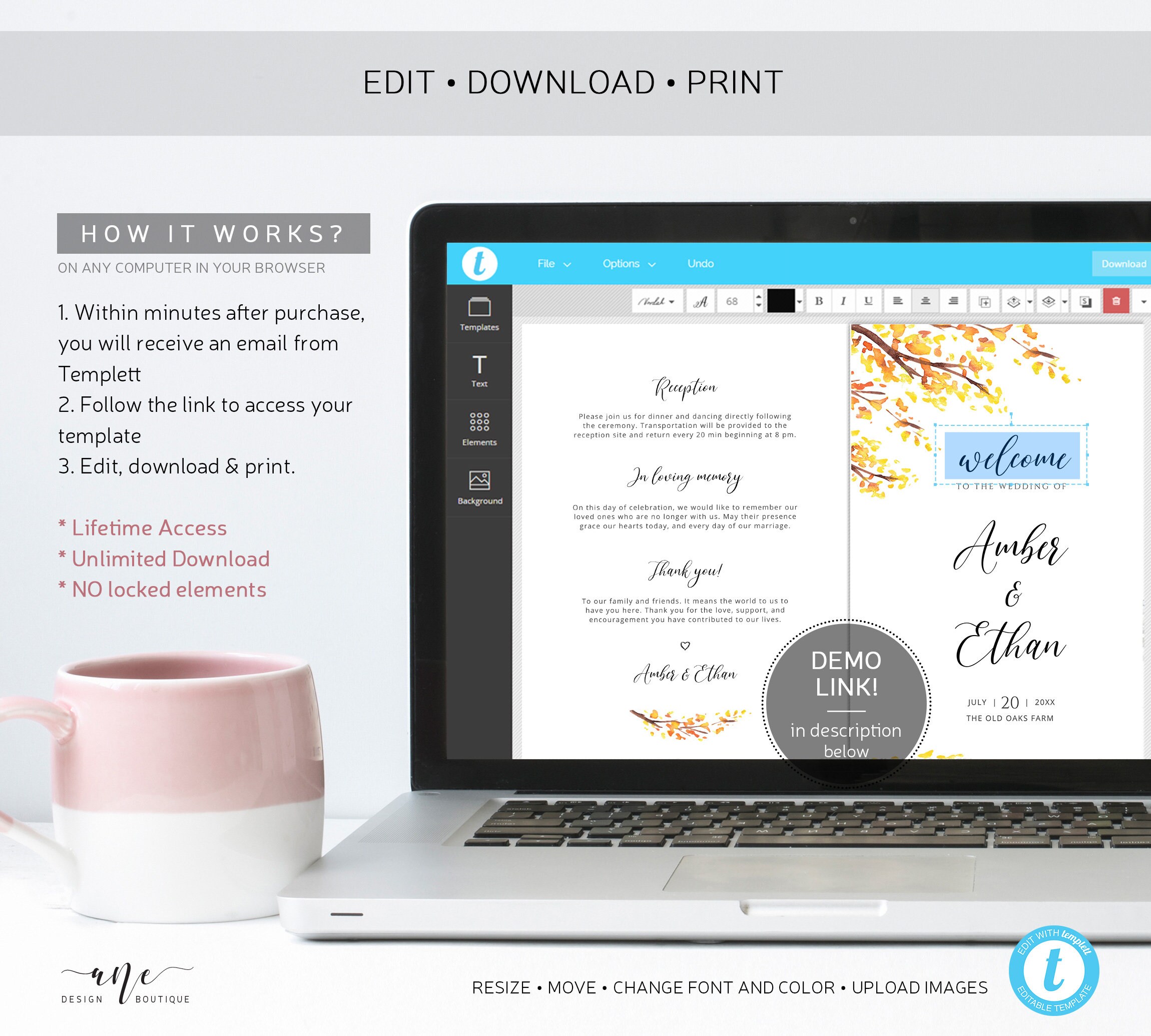 Rustic Fall Wedding Church Booklet Template, Editable Bi-fold Program ...
