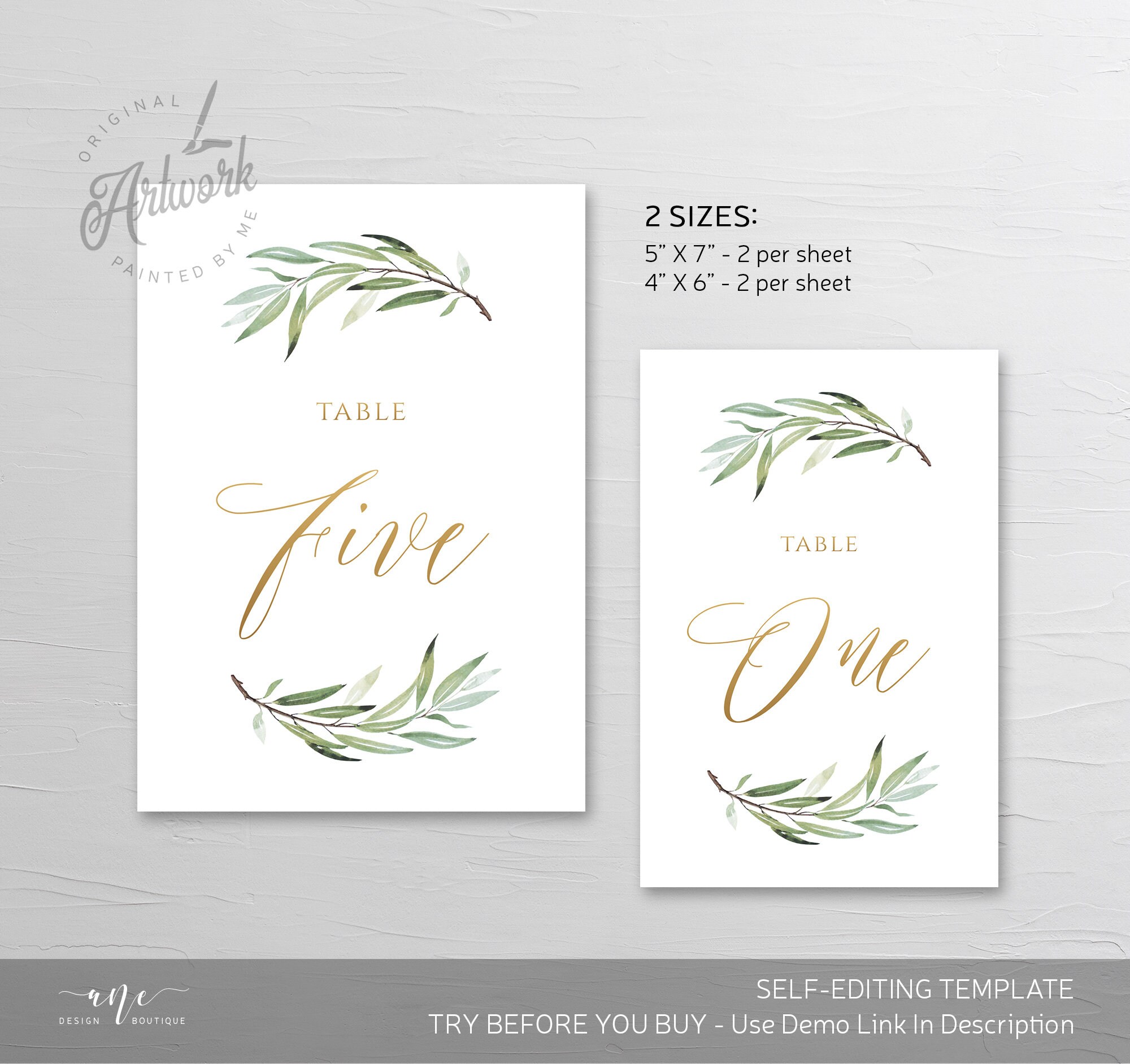 Boho Greenery Gold Text Table Number Card Template Olive | Etsy