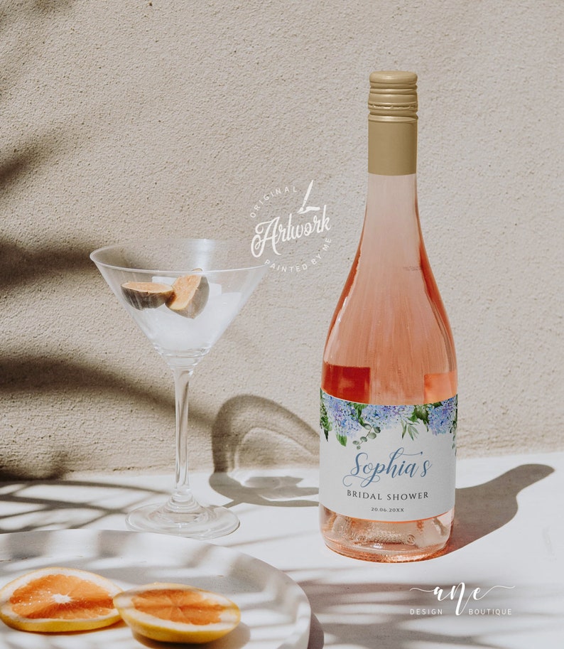 Dusty Blue Hydrangea Champagne Editable Label Template Bridal - Etsy