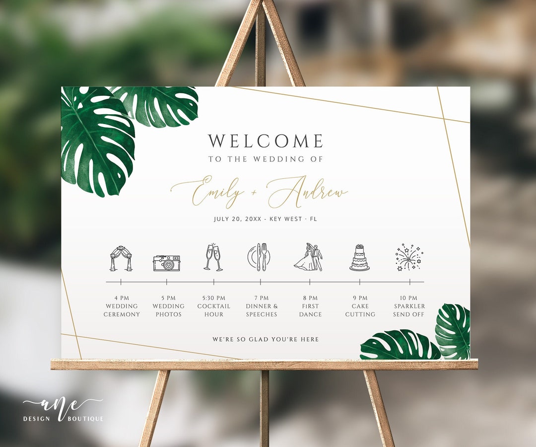 Tropical Wedding Welcome Timeline Sign Printable Template, Palm Leaf ...