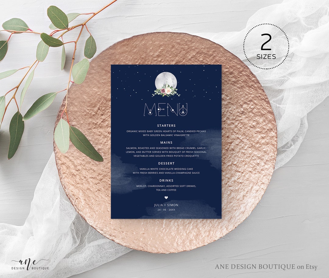 Celestial Moon Wedding Menu Template, Starry Night Sky Dinner Menu Card ...